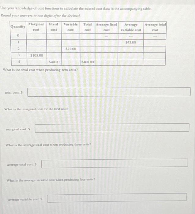 Solved Use your knowledge of cost functions to calculate the | Chegg.com