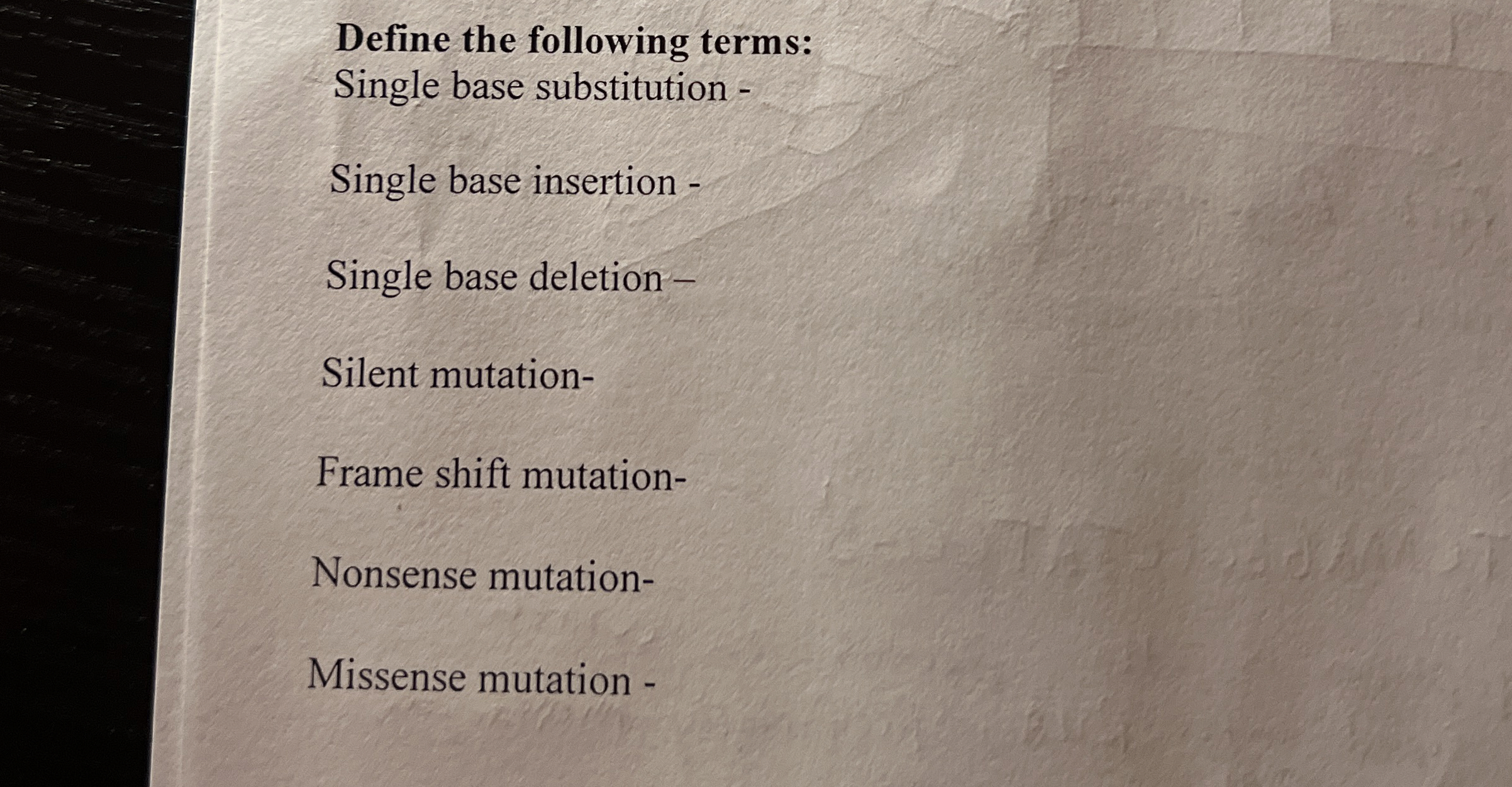 Solved Define the following terms:Single base substitution | Chegg.com