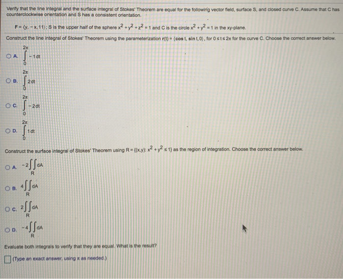 Solved Verify that the line integral and the surface | Chegg.com
