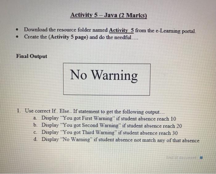 Solved Activity 5 - Java (2 Marks) • Download the resource | Chegg.com