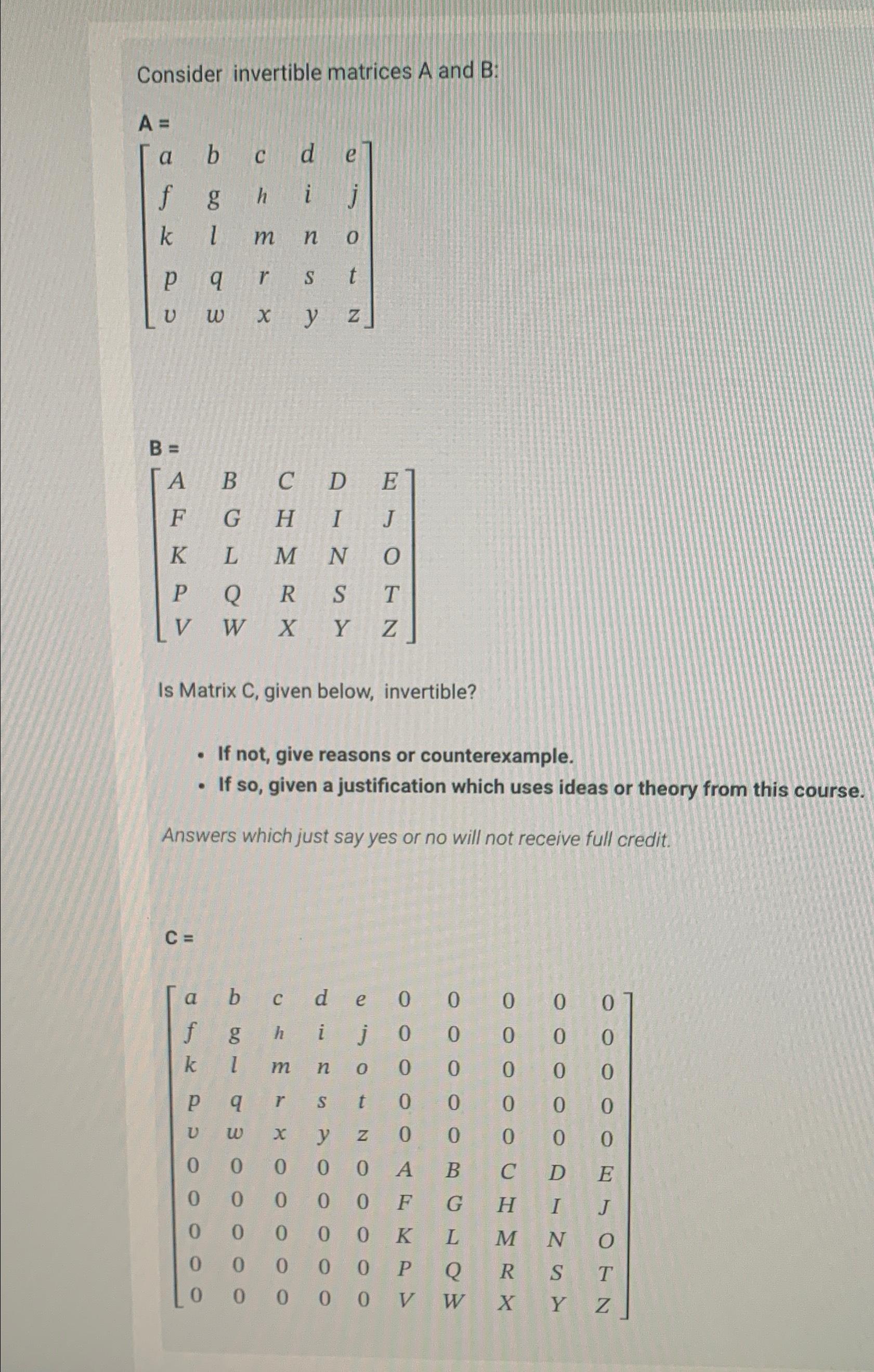 Solved Consider invertible matrices A and B | Chegg.com