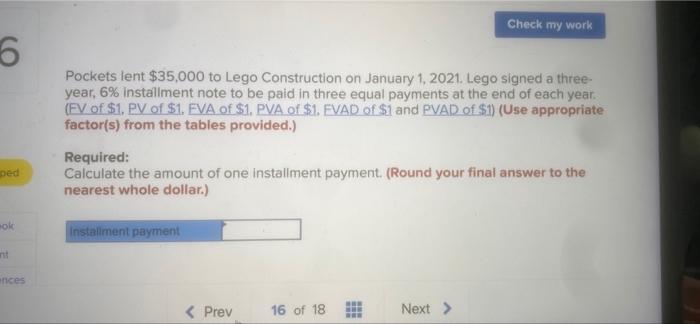 Solved Check my work 6 0) Pockets lent $35,000 to Lego | Chegg.com
