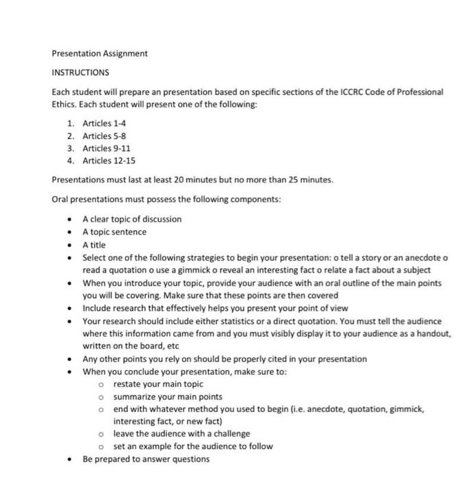 Presentation Assignment INSTRUCTIONS Each student | Chegg.com