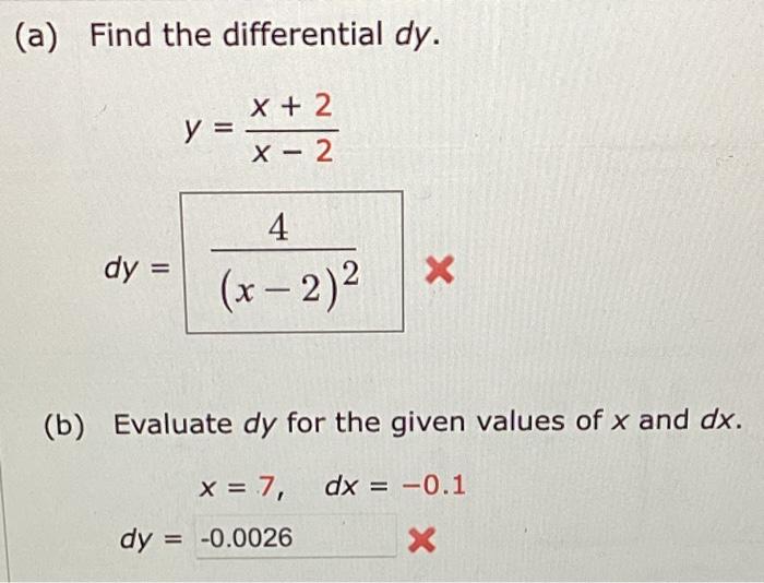Solved (a) Find the differential dy. y=x−2x+2dy=(x−2)24 (b) | Chegg.com