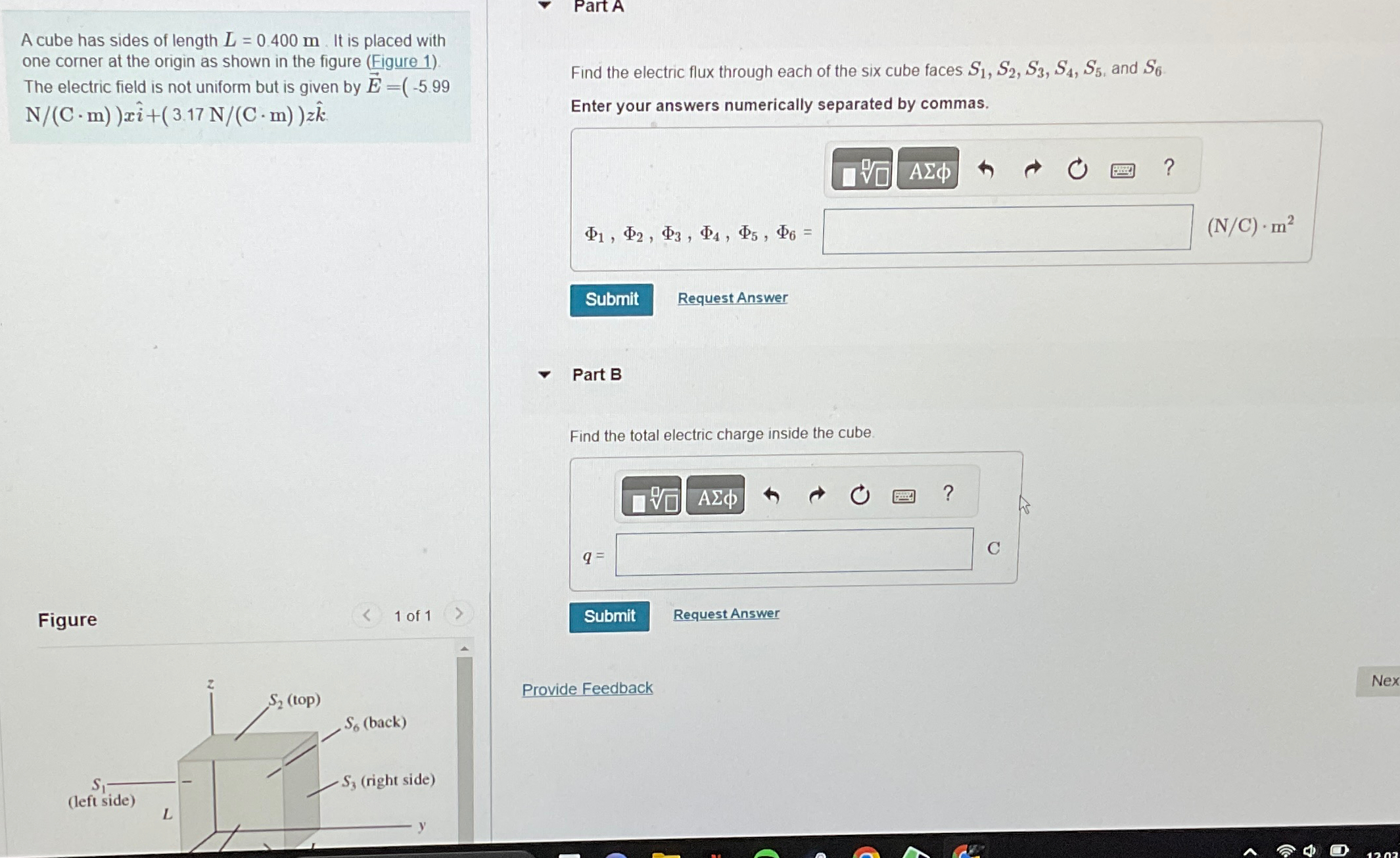 Solved A cube has sides of length L=0.400m. ﻿It is placed | Chegg.com