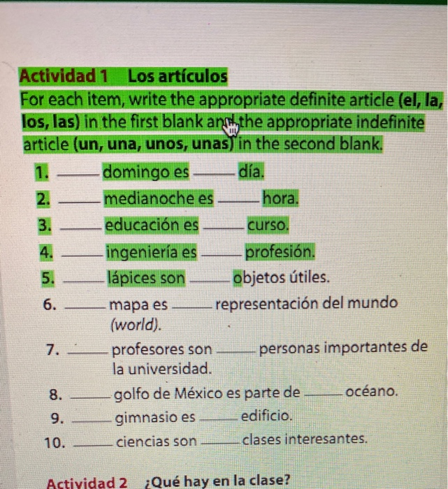 Actividad 1 Los artículos For each item, write the | Chegg.com