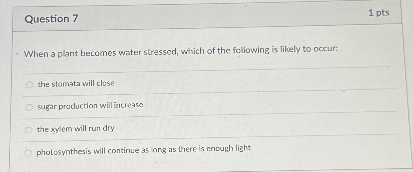 Solved Question 71 ﻿ptsWhen a plant becomes water stressed, | Chegg.com