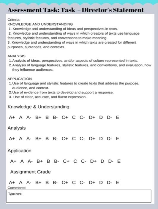 Assessment Task: Task - Director's Statement | Chegg.com