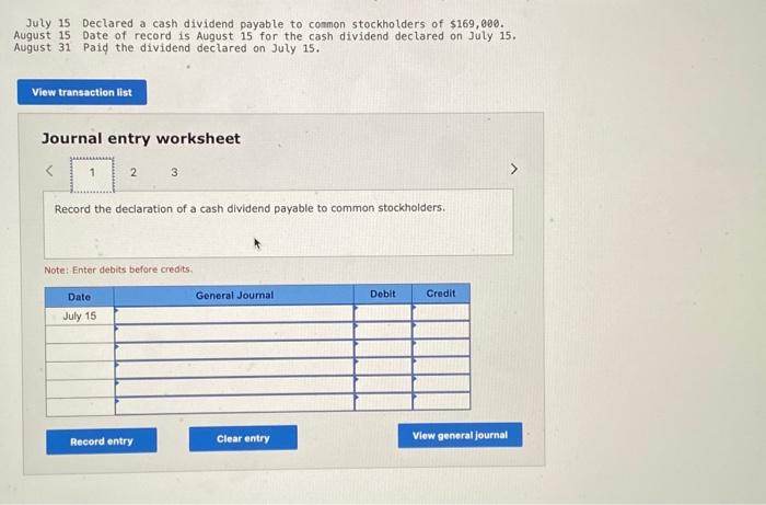 Solved July 15 Declared a cash dividend payable to common | Chegg.com