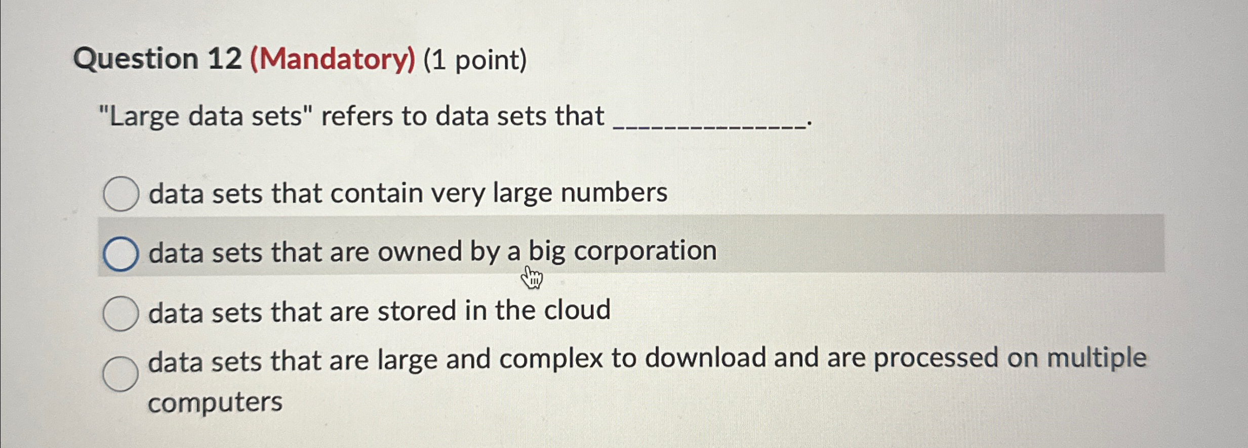 Solved Question 12 (Mandatory) (1 point) Solved Question 12 (Mandatory) (1 point)