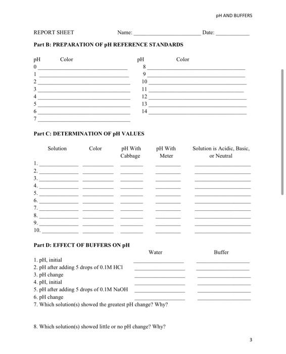 Solved pH AND BUFFERS Date: REPORT SHEET Name: Part B: | Chegg.com