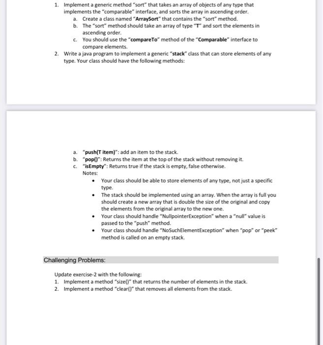 Solved 1. Implement a generic method "sort" that takes an | Chegg.com