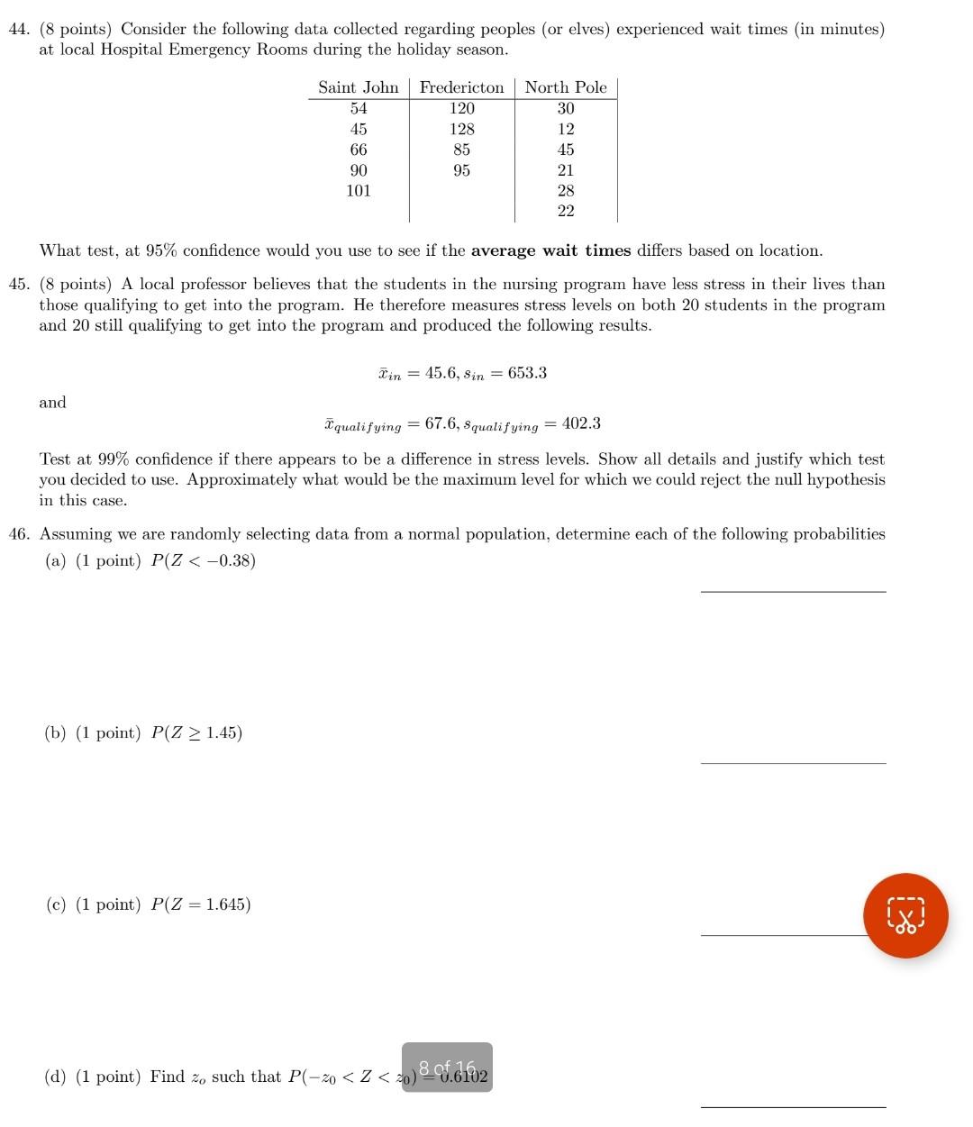 Solved 44. (8 points) Consider the following data collected | Chegg.com