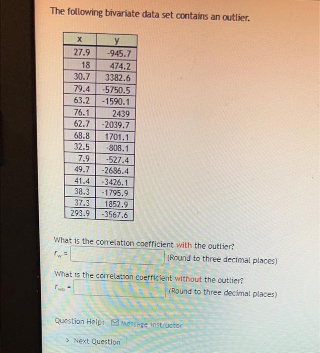 Solved The following bivariate data set contains an outlier. | Chegg.com