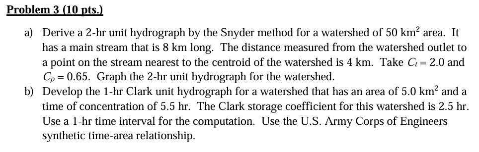 Solved a) ﻿Derive a 2-hr unit hydrograph by the Snyder | Chegg.com