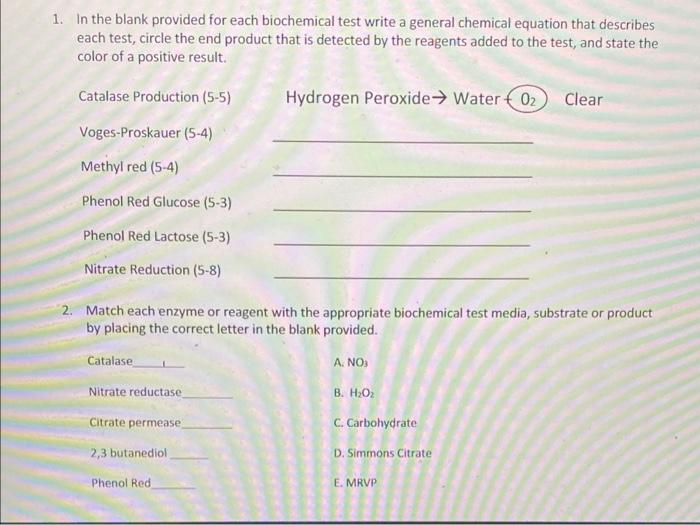Solved 1. In the blank provided for each biochemical test | Chegg.com