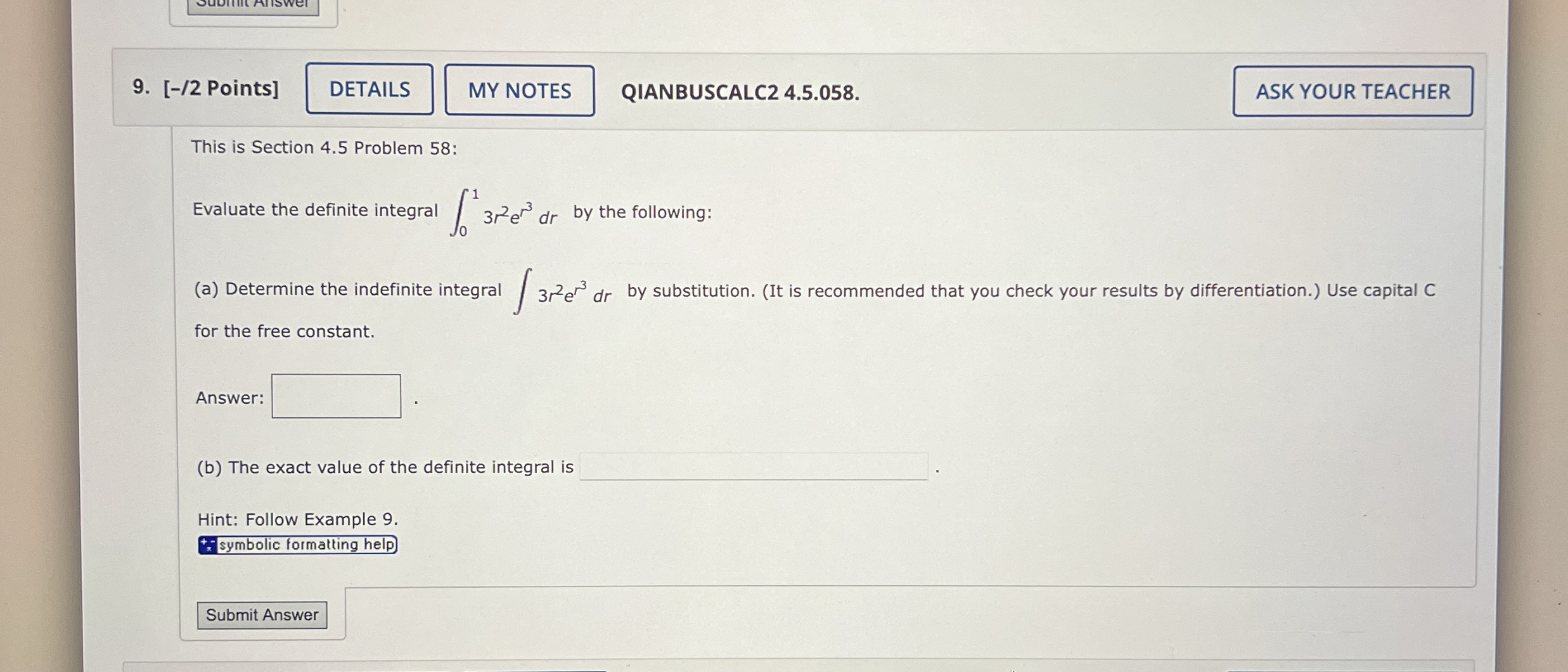 [-/2 ﻿Points]QIANBUSCALC2 4.5.058.This is Section 4.5 | Chegg.com