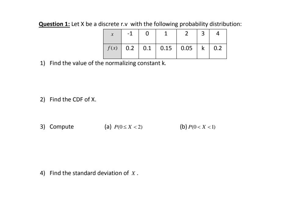 Solved Question 1: Let X be a discrete r.v with the | Chegg.com