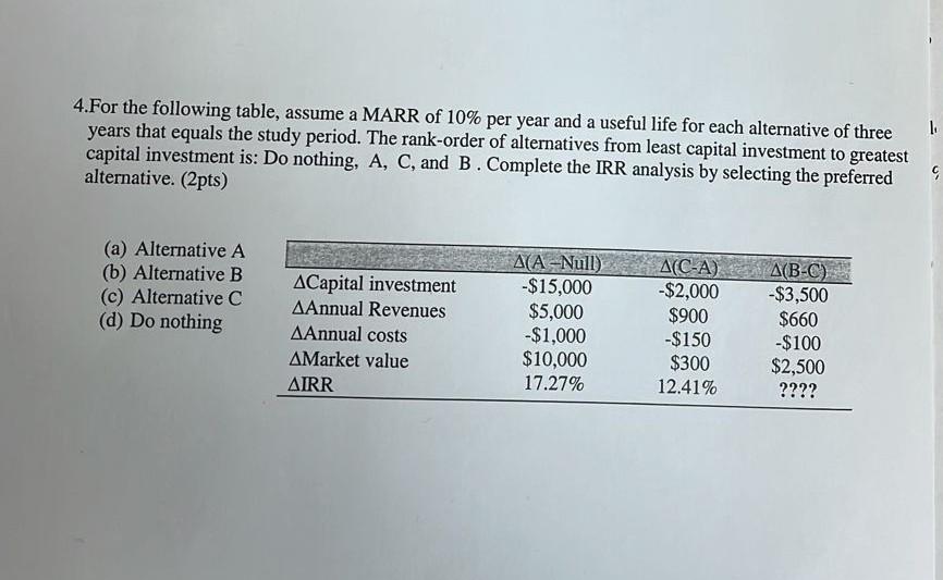 Solved 4.For the following table, assume a MARR of 10% per | Chegg.com