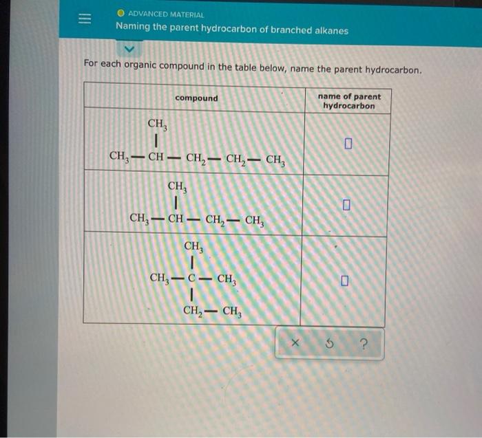 Solved III ADVANCED MATERIAL Naming the parent hydrocarbon | Chegg.com
