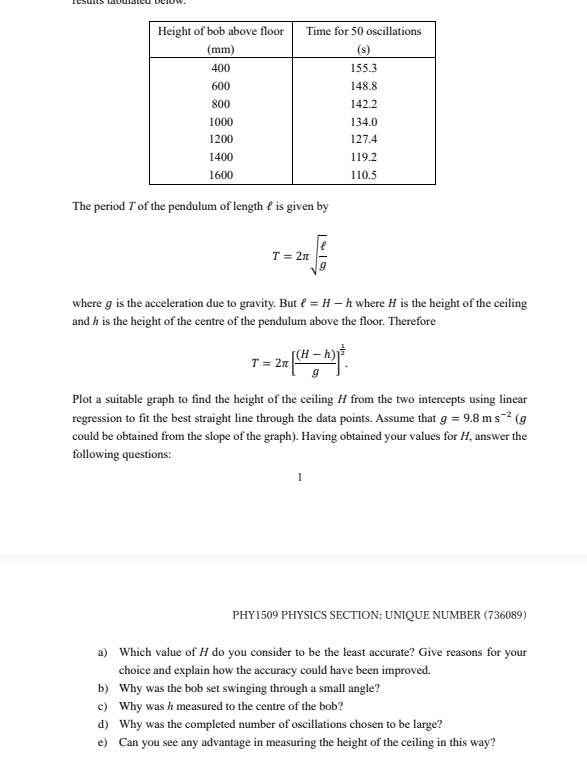 Solved Time for 50 oscillations Height of bob above floor | Chegg.com