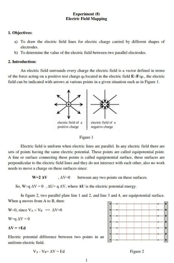 Solved Experiment (8) Electric Field Mapping 1. Objectives: | Chegg.com