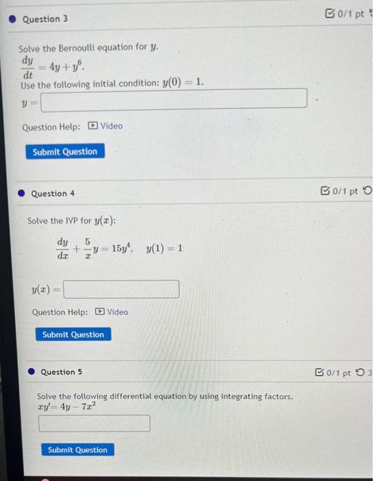 Solved Solve the Bernoulli equation for y. dtdy=4y+y6 Use | Chegg.com