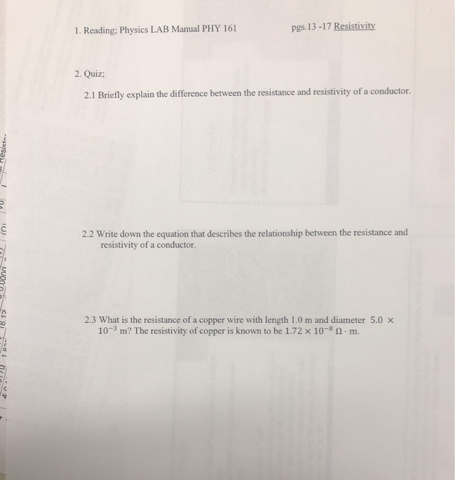 Solved 1. Reading; Physics LAB Manual PHY 161 pgs. 13-17 | Chegg.com