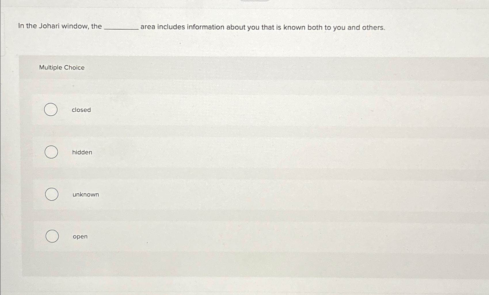 Solved In the Johari window, the area includes information | Chegg.com