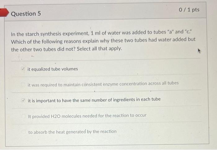 Solved In the starch synthesis experiment, 1ml of water was | Chegg.com