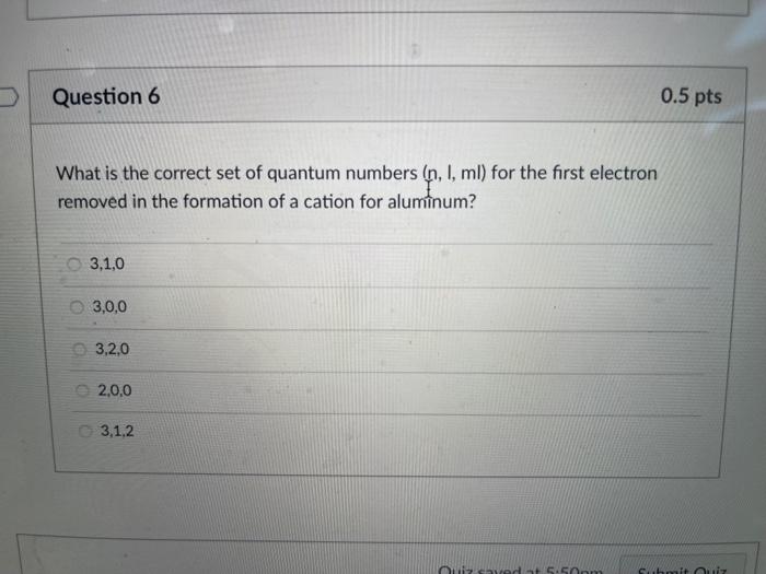 Solved What is the correct set of quantum numbers (n,l,ml) | Chegg.com