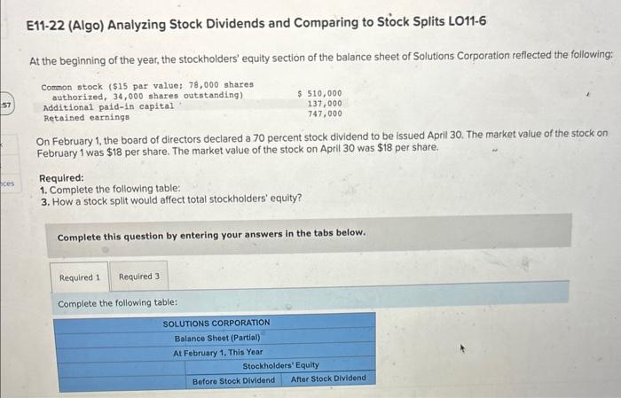 Solved E11-22 (Algo) Analyzing Stock Dividends and Comparing | Chegg.com