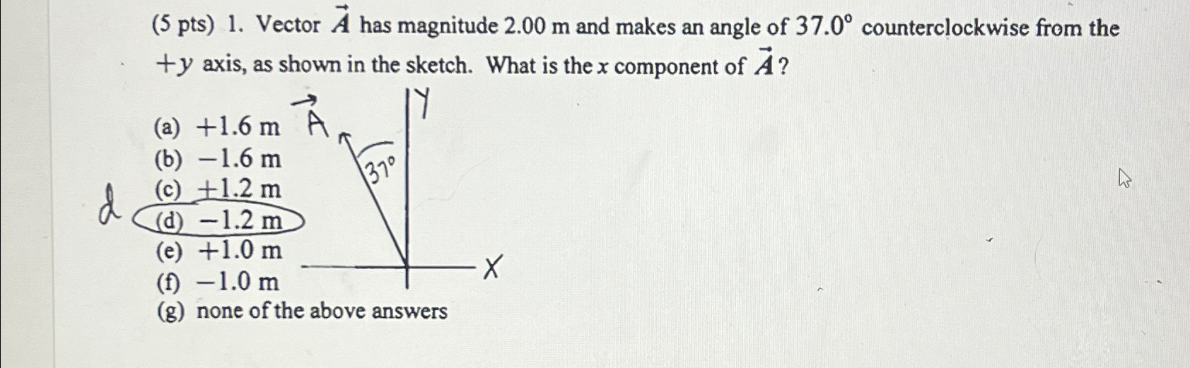 Solved (5 pts) 1. Vector vec(A) has magnitude 2.00m and | Chegg.com