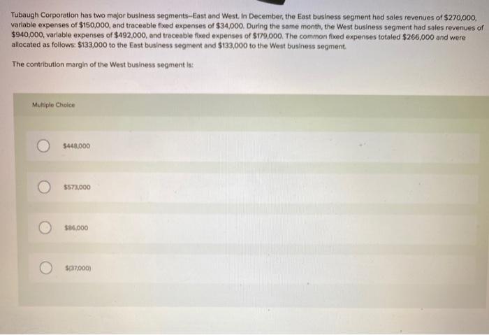 Solved Tubaugh Corporation has two major business | Chegg.com