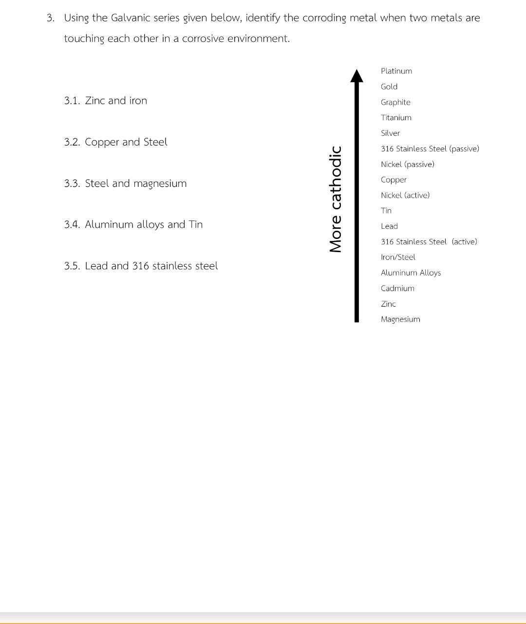 Solved 3. Using the Galvanic series given below, identify | Chegg.com