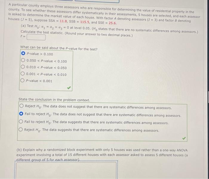 Solved A particular county employs three assessors who are | Chegg.com
