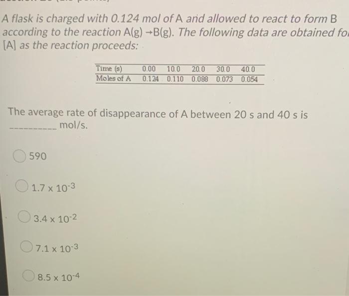 Solved A flask is charged with 0.124 mol of A and allowed to | Chegg.com