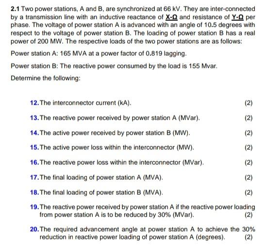 Solved 2.1 Two power stations, A and B, are synchronized at | Chegg.com