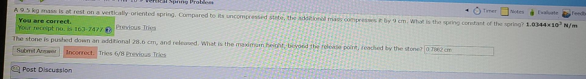 Solved tical Spring Problem Timer Notes Evaluate Feedb A 9.5 | Chegg.com