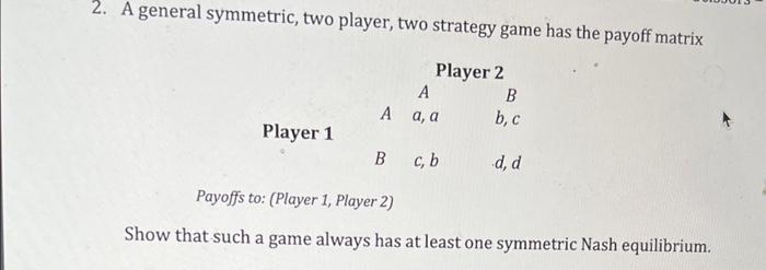 Solved A general symmetric, two player, two strategy game | Chegg.com