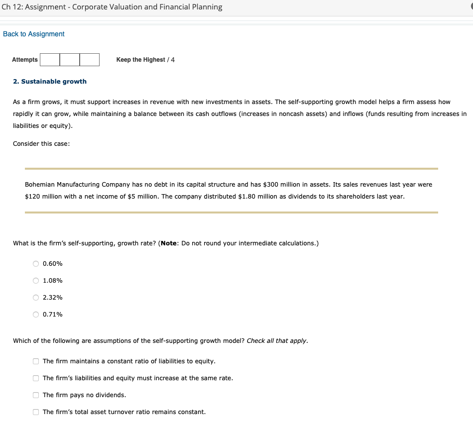 Solved Ch 12: Assignment - ﻿Corporate Valuation and | Chegg.com