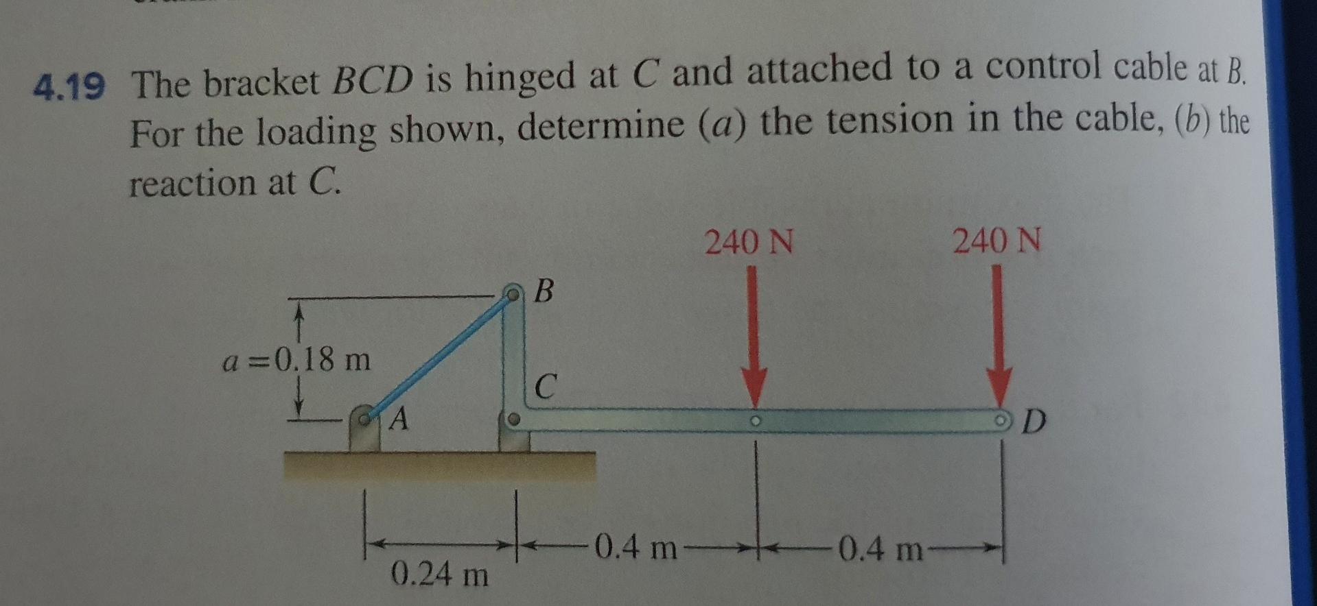 Solved 4.19 The bracket BCD is hinged at C and attached to a | Chegg.com