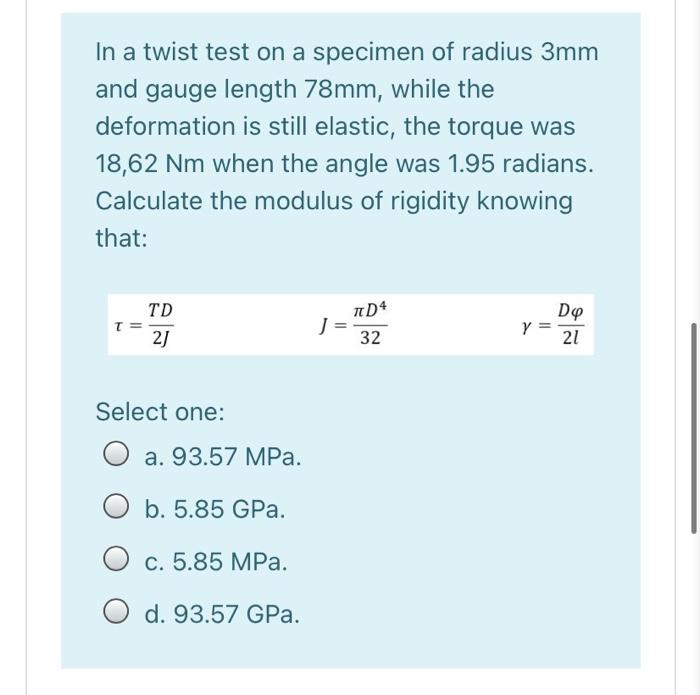 Solved In a twist test on a specimen of radius 3mm and gauge | Chegg.com