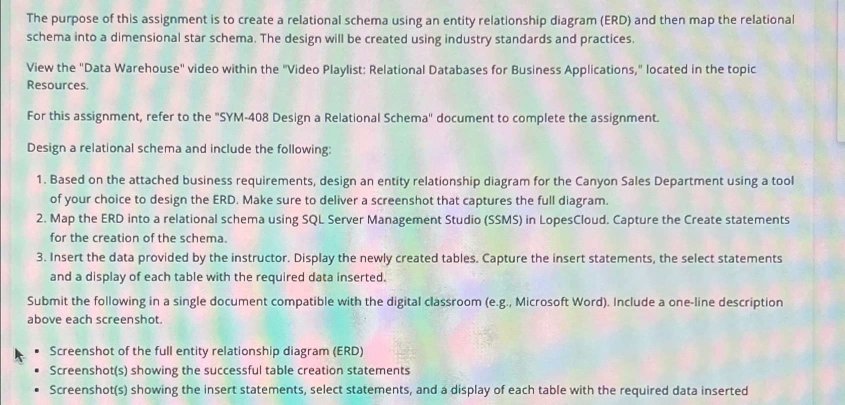 Solved The purpose of this assignment is to create a | Chegg.com