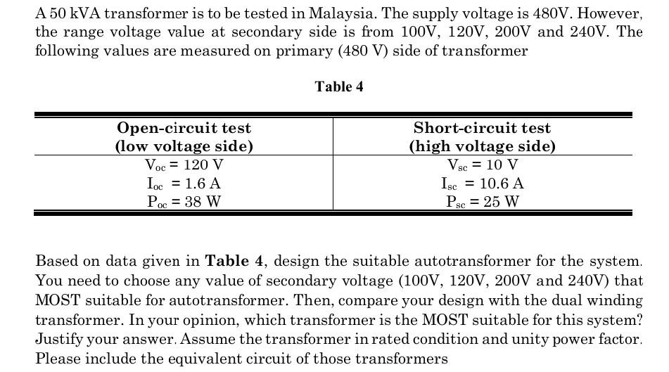 Solved A 50kVA transformer is to be tested in Malaysia. The | Chegg.com