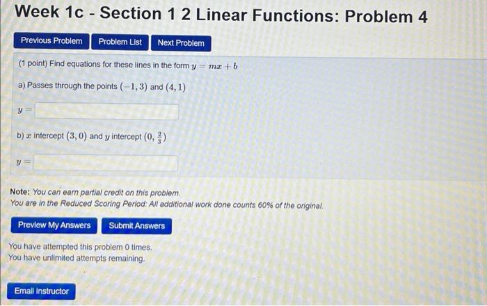 Solved Week 1c - Section 12 Linear Functions: Problem 4 (1 | Chegg.com