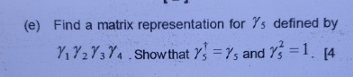 Solved (e) ﻿Find a matrix representation for γ5 ﻿defined by | Chegg.com