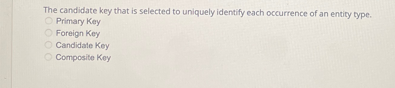 Solved The candidate key that is selected to uniquely | Chegg.com