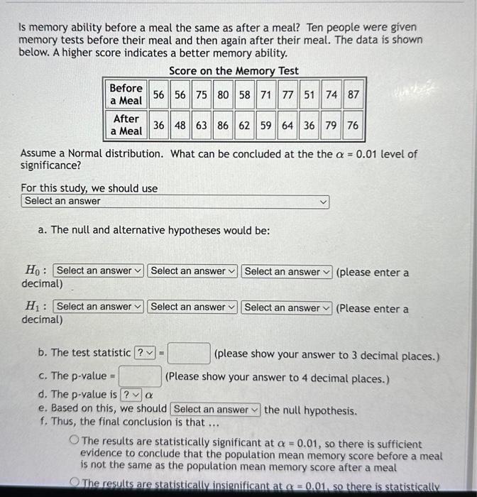Solved Is memory ability before a meal the same as after a | Chegg.com