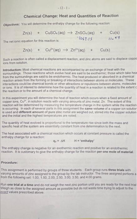 -12-1- + + -1063.15 + Chemical Change: Heat and | Chegg.com